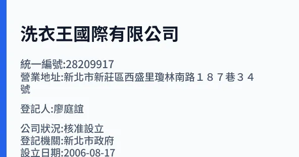 洗衣王國際有限公司的照片-統編 28209917(新北市) 公司登記資料與營業項目詳細圖表