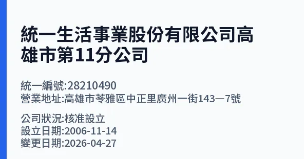 統一生活事業股份有限公司高雄市第11分公司的照片-統編 28210490(高雄市) 公司登記資料與營業項目詳細圖表