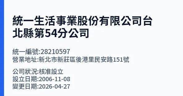 統一生活事業股份有限公司台北縣第54分公司的照片-統編 28210597(新北市) 公司登記資料與營業項目詳細圖表