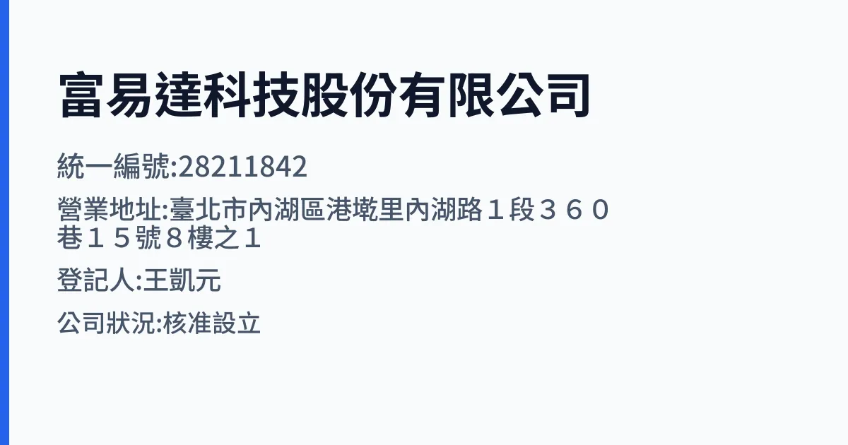 富易達科技股份有限公司 - 統編 28211842(臺北市) 公司登記資料與營業項目詳細圖表