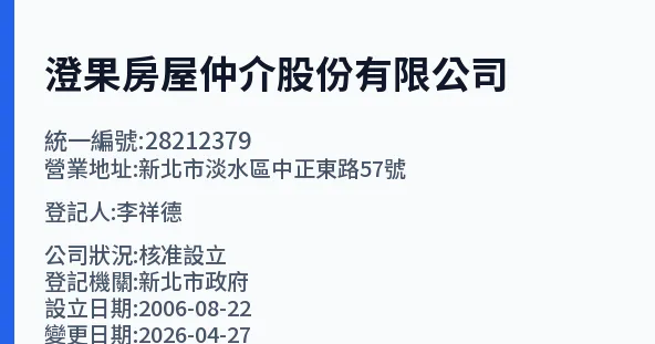 澄果房屋仲介股份有限公司的照片-統編 28212379(新北市) 公司登記資料與營業項目詳細圖表