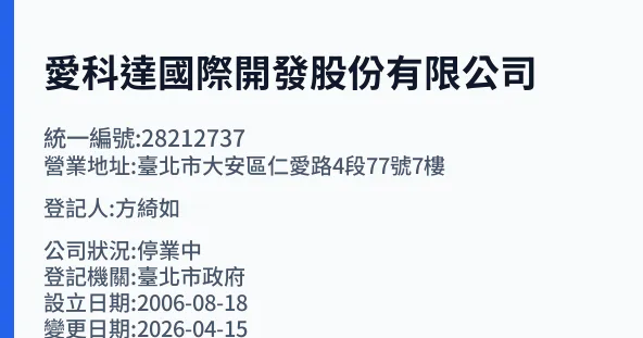 愛科達國際開發股份有限公司的照片-統編 28212737(臺北市) 公司登記資料與營業項目詳細圖表