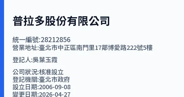 普拉多股份有限公司的照片-統編 28212856(臺北市) 公司登記資料與營業項目詳細圖表