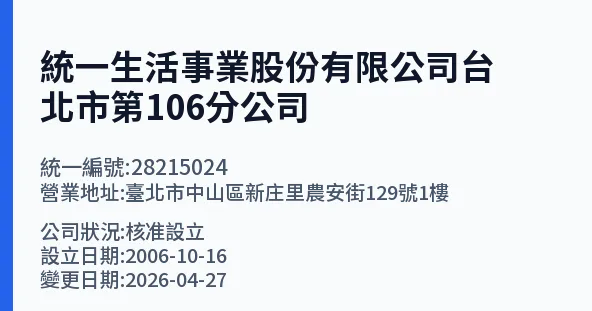 統一生活事業股份有限公司台北市第106分公司的照片-統編 28215024(臺北市) 公司登記資料與營業項目詳細圖表