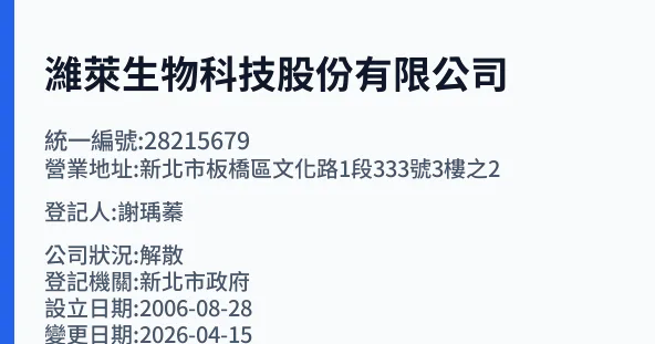 濰萊生物科技股份有限公司的照片-統編 28215679(新北市) 公司登記資料與營業項目詳細圖表