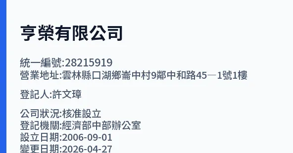 亨榮有限公司的照片-統編 28215919(雲林縣) 公司登記資料與營業項目詳細圖表