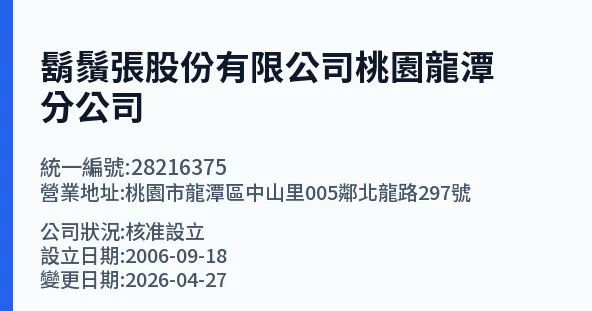 鬍鬚張股份有限公司桃園龍潭分公司的照片-統編 28216375(桃園市) 公司登記資料與營業項目詳細圖表
