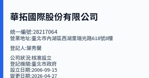 華拓國際股份有限公司的照片-統編 28217064(臺北市) 公司登記資料與營業項目詳細圖表