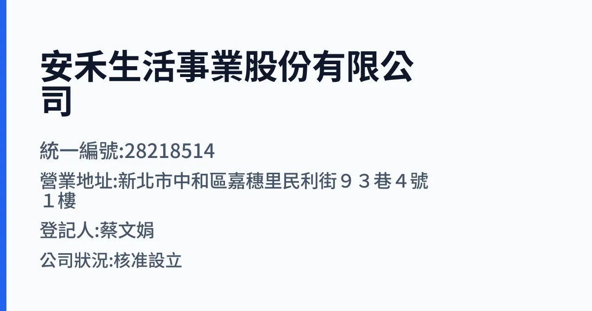 安禾生活事業股份有限公司 - 統編 28218514(臺北市) 公司登記資料與營業項目詳細圖表