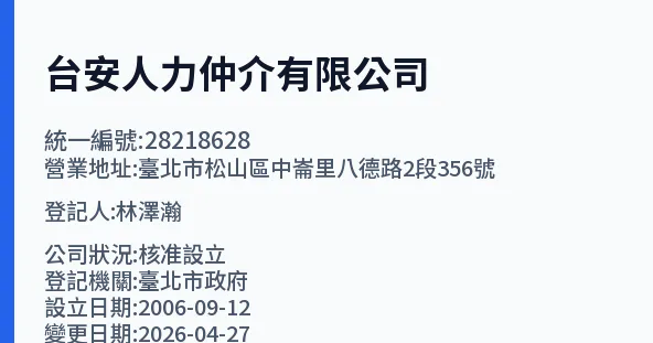 台安人力仲介有限公司的照片-統編 28218628(臺北市) 公司登記資料與營業項目詳細圖表