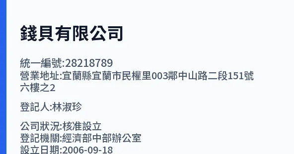 錢貝有限公司的照片-統編 28218789(宜蘭縣) 公司登記資料與營業項目詳細圖表