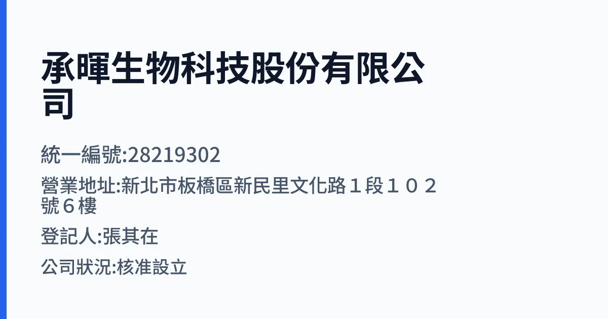 承暉生物科技股份有限公司 - 統編 28219302(新北市) 公司登記資料與營業項目詳細圖表