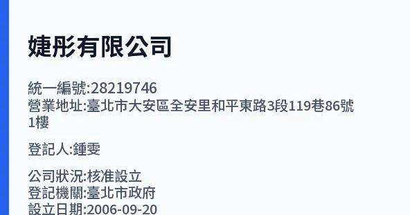 婕彤有限公司的照片-統編 28219746(臺北市) 公司登記資料與營業項目詳細圖表
