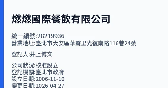 燃燃國際餐飲有限公司的照片-統編 28219936(臺北市) 公司登記資料與營業項目詳細圖表