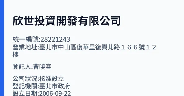欣世投資開發有限公司的照片-統編 28221243(臺北市) 公司登記資料與營業項目詳細圖表