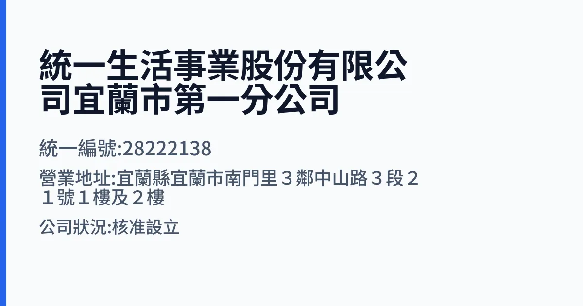 統一生活事業股份有限公司宜蘭市第一分公司 - 統編 28222138(宜蘭縣) 公司登記資料與營業項目詳細圖表
