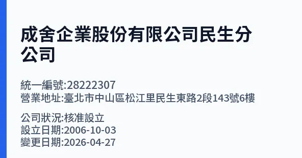 成舍企業股份有限公司民生分公司的照片-統編 28222307(臺北市) 公司登記資料與營業項目詳細圖表