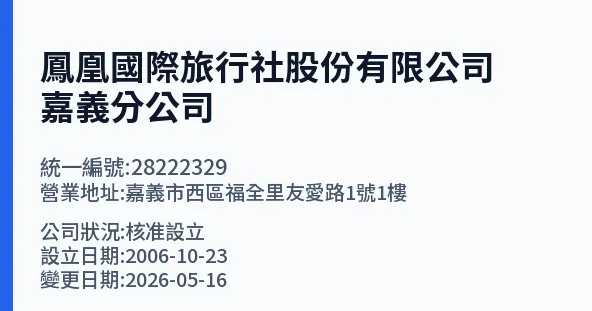 鳳凰國際旅行社股份有限公司嘉義分公司的照片-統編 28222329(嘉義市) 公司登記資料與營業項目詳細圖表
