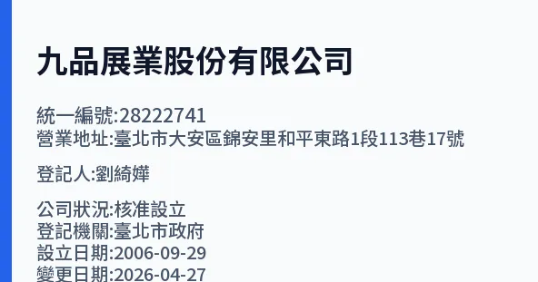 九品展業股份有限公司的照片-統編 28222741(臺北市) 公司登記資料與營業項目詳細圖表