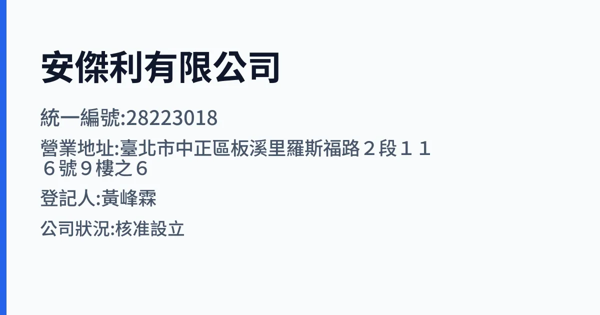 安傑利有限公司 - 統編 28223018(臺北市) 公司登記資料與營業項目詳細圖表