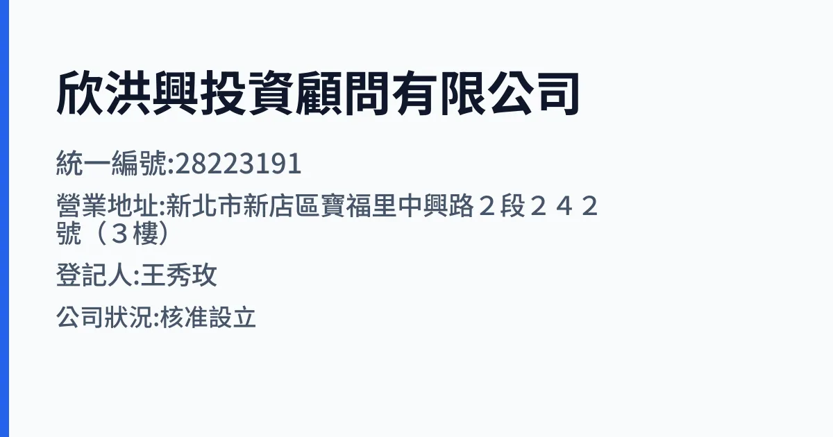 欣洪興投資顧問有限公司 - 統編 28223191(新北市) 公司登記資料與營業項目詳細圖表