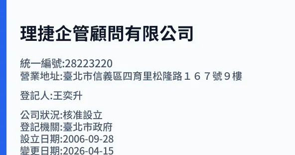 理捷企管顧問有限公司的照片-統編 28223220(臺北市) 公司登記資料與營業項目詳細圖表