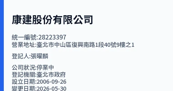 康建股份有限公司的照片-統編 28223397(臺北市) 公司登記資料與營業項目詳細圖表