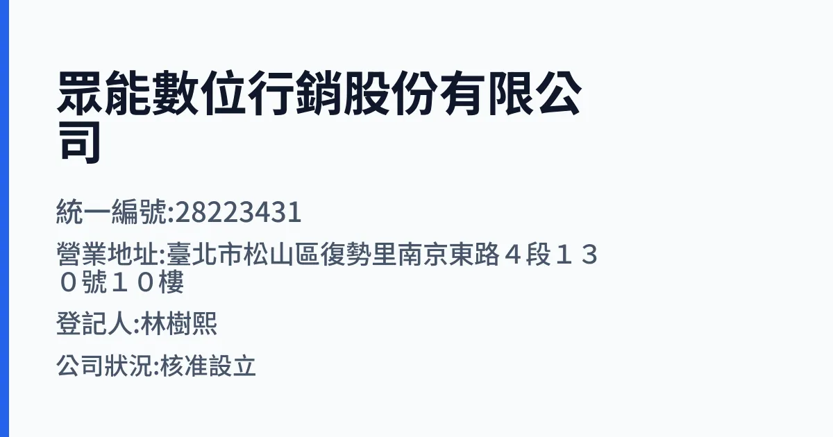 眾能數位行銷股份有限公司 - 統編 28223431(臺北市) 公司登記資料與營業項目詳細圖表
