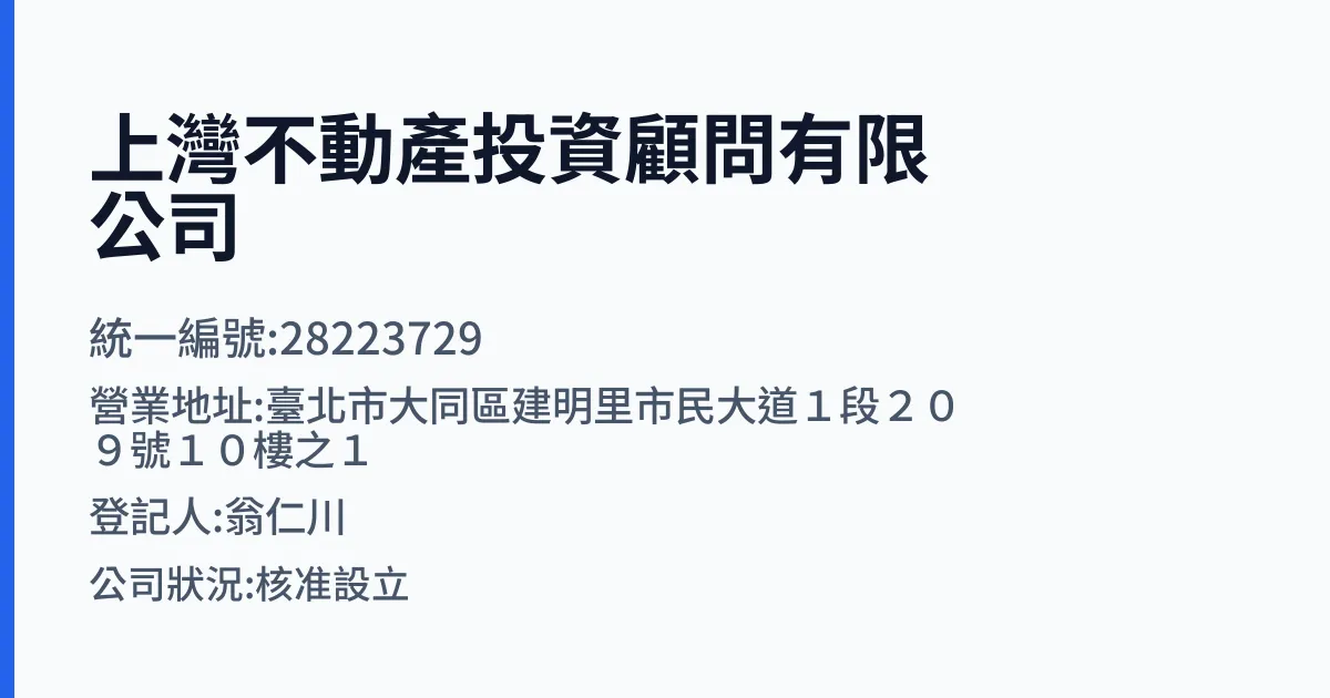 上灣不動產投資顧問有限公司 - 統編 28223729(臺北市) 公司登記資料與營業項目詳細圖表