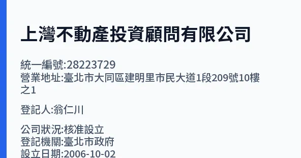 上灣不動產投資顧問有限公司的照片-統編 28223729(臺北市) 公司登記資料與營業項目詳細圖表