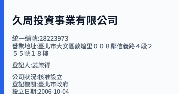 久周投資事業有限公司的照片-統編 28223973(臺北市) 公司登記資料與營業項目詳細圖表
