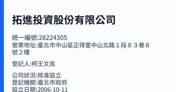 拓進投資股份有限公司的照片-統編 28224305(臺北市) 公司登記資料與營業項目詳細圖表