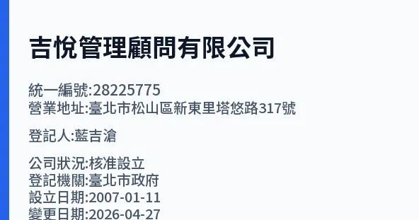吉悅管理顧問有限公司的照片-統編 28225775(臺北市) 公司登記資料與營業項目詳細圖表