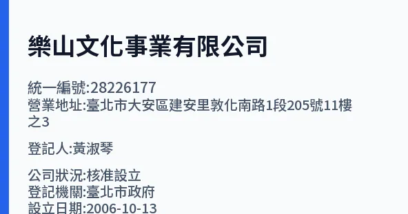 樂山文化事業有限公司的照片-統編 28226177(臺北市) 公司登記資料與營業項目詳細圖表