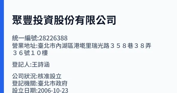 聚豐投資股份有限公司的照片-統編 28226388(臺北市) 公司登記資料與營業項目詳細圖表