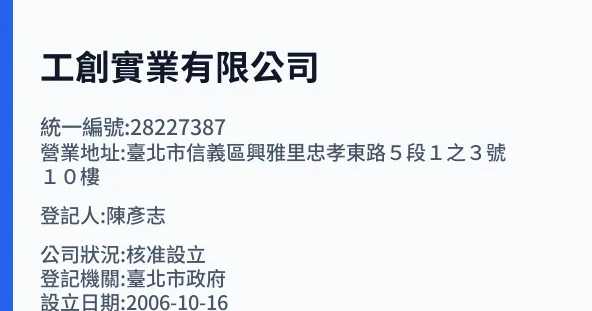 工創實業有限公司的照片-統編 28227387(臺北市) 公司登記資料與營業項目詳細圖表
