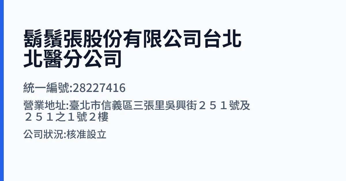 鬍鬚張股份有限公司台北北醫分公司 - 統編 28227416(臺北市) 公司登記資料與營業項目詳細圖表