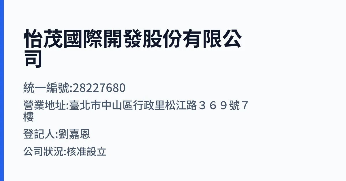 怡茂國際開發股份有限公司 - 統編 28227680(臺北市) 公司登記資料與營業項目詳細圖表