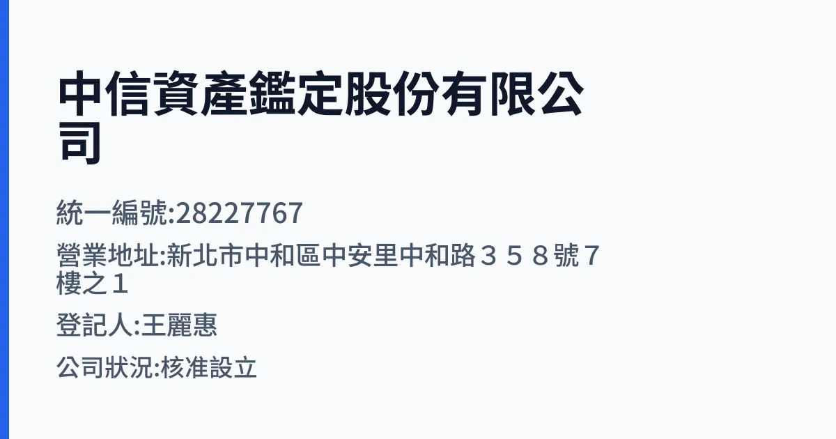 中信資產鑑定股份有限公司 - 統編 28227767(新北市) 公司登記資料與營業項目詳細圖表