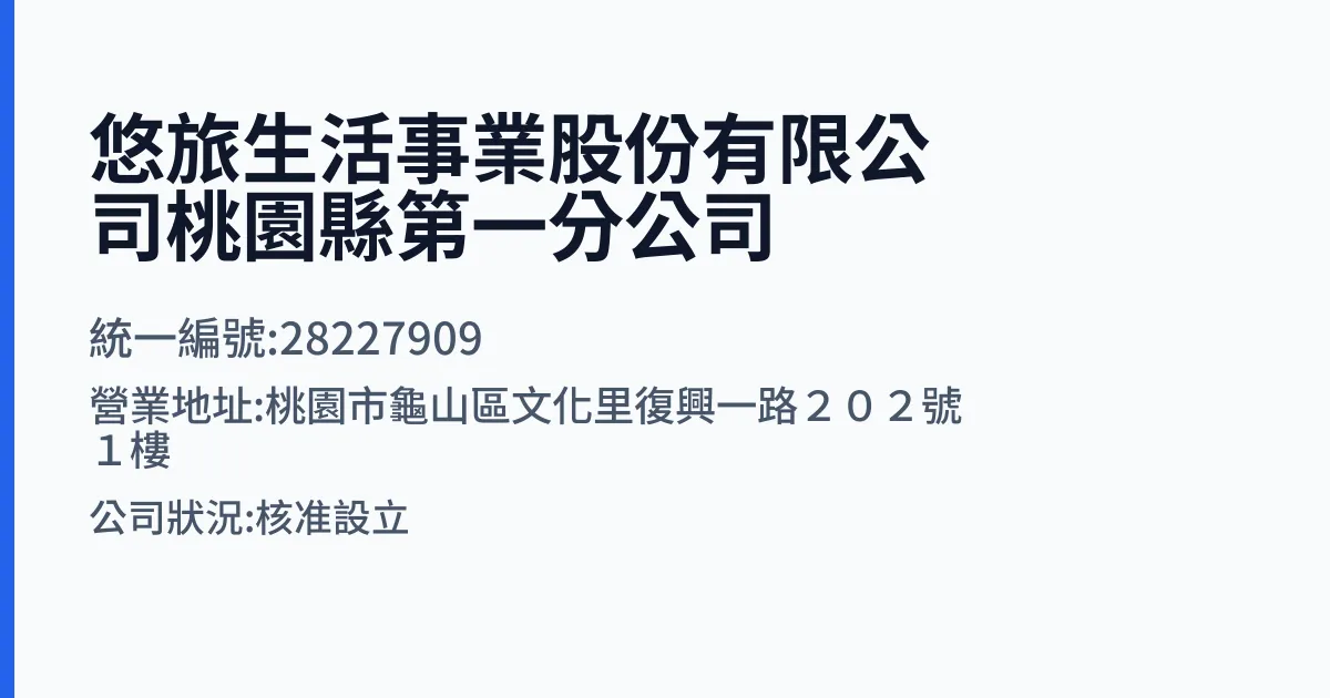 悠旅生活事業股份有限公司桃園縣第一分公司 - 統編 28227909(桃園市) 公司登記資料與營業項目詳細圖表
