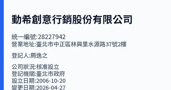 動希創意行銷股份有限公司的照片-統編 28227942(臺北市) 公司登記資料與營業項目詳細圖表