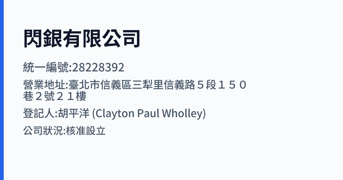 閃銀有限公司 - 統編 28228392(臺北市) 公司登記資料與營業項目詳細圖表