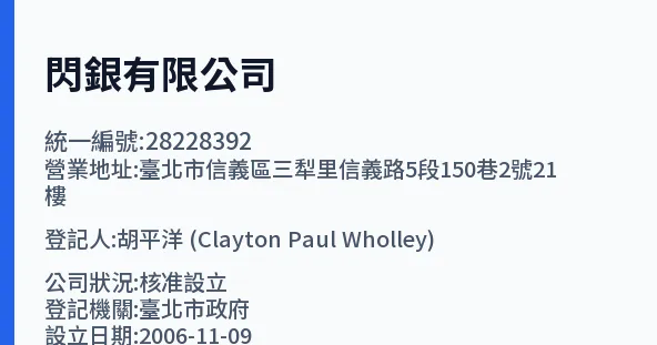 閃銀有限公司的照片-統編 28228392(臺北市) 公司登記資料與營業項目詳細圖表