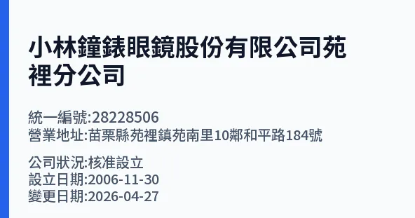 小林鐘錶眼鏡股份有限公司苑裡分公司的照片-統編 28228506(苗栗縣) 公司登記資料與營業項目詳細圖表