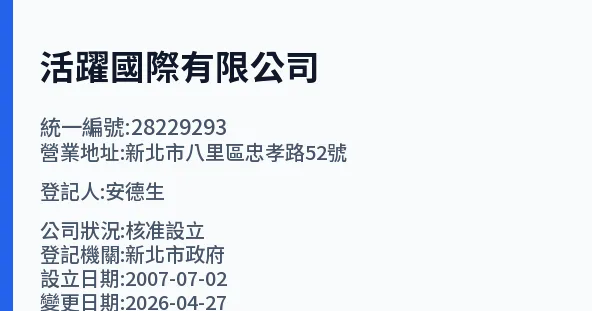 活躍國際有限公司的照片-統編 28229293(新北市) 公司登記資料與營業項目詳細圖表