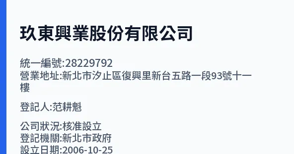 玖東興業股份有限公司的照片-統編 28229792(新北市) 公司登記資料與營業項目詳細圖表