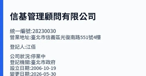 信基管理顧問有限公司的照片-統編 28230030(臺北市) 公司登記資料與營業項目詳細圖表
