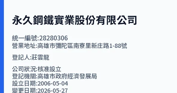 永久鋼鐵實業股份有限公司的照片-統編 28280306(高雄市) 公司登記資料與營業項目詳細圖表