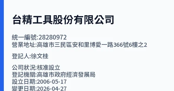 台精工具股份有限公司的照片-統編 28280972(高雄市) 公司登記資料與營業項目詳細圖表