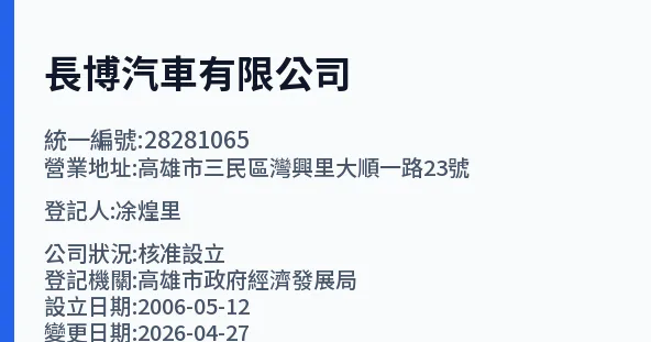 長博汽車有限公司的照片-統編 28281065(高雄市) 公司登記資料與營業項目詳細圖表